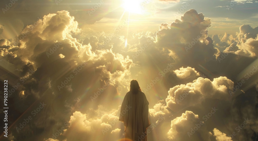 Sun, god and Jesus christ or man in clouds, spiritual and heaven and ...