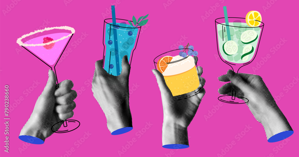 Group people drink summer cocktails. Halftone hands holding alcoholic ...
