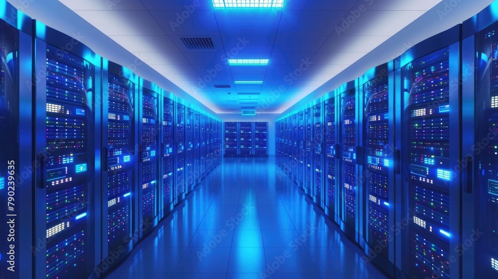 Digital data center: 3D visualization of a high-tech server room with ...