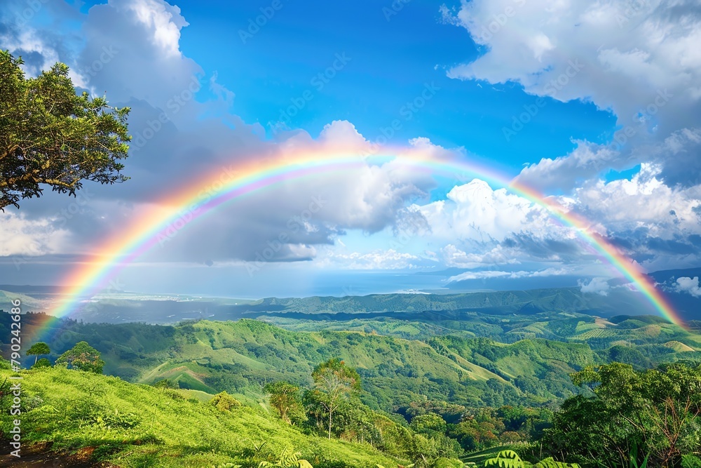 Panoramic view of a vibrant rainbow arching over a lush green landscape ...