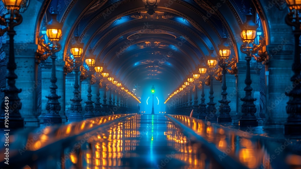 A grand, mystical corridor with glowing lamps and ornate architecture ...