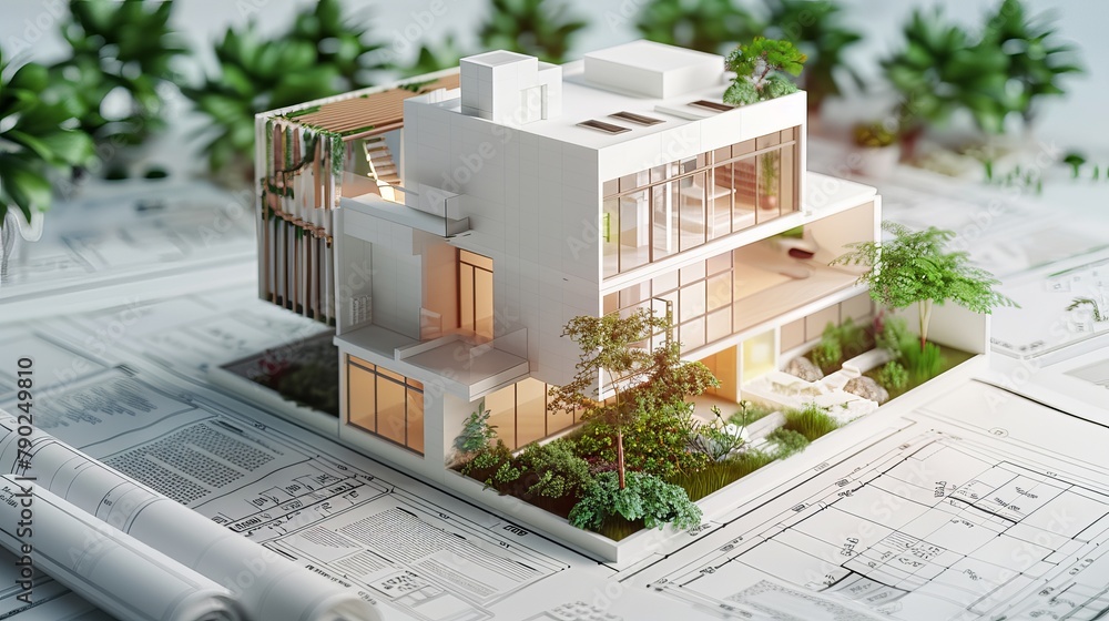 3D model of a contemporary, authentic building block mock-up with a ...