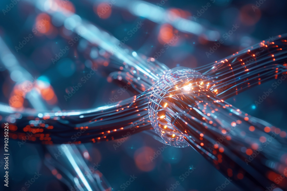 futuristic close-up photo of intricate details of a fiber optic cable against a deep blue tech ...