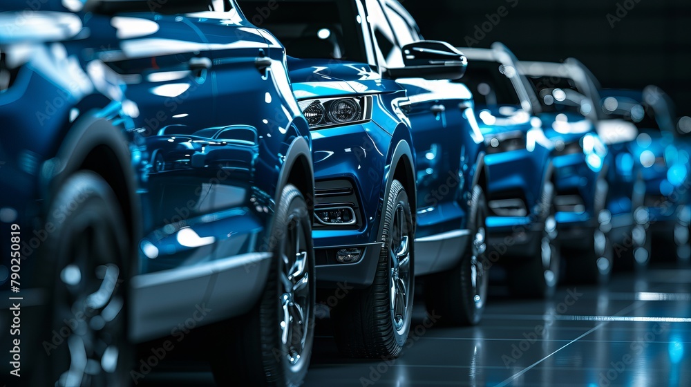 A row of blue SUVs is in position. fleet of standard modern vehicles ...