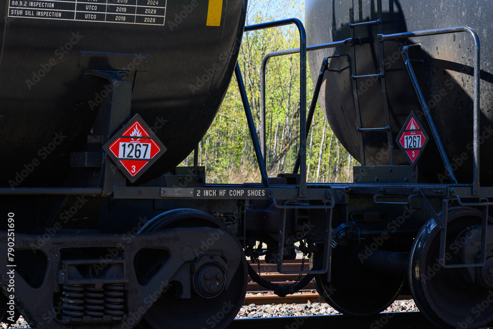 Gold Bar, WA, USA - April 17, 2024; Train tanker hazmat placards for ...