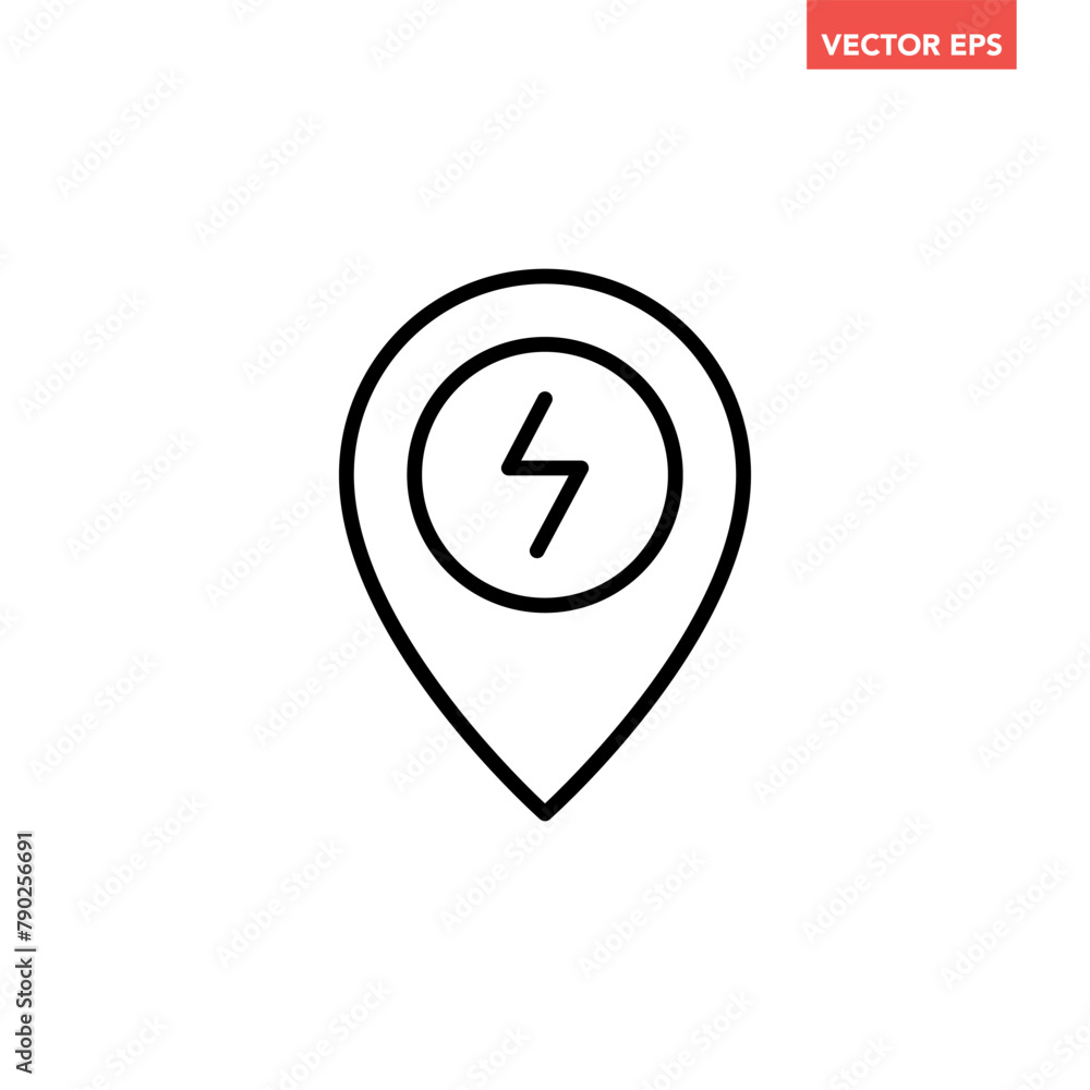 Single black electric station pin line icon, simple charging point flat ...