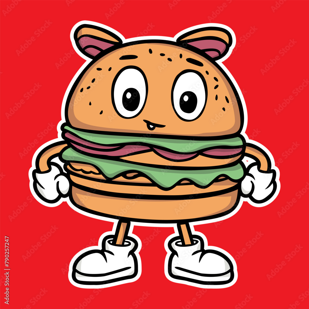 Cartoon hamburger, vintage fast food mascot, 1930s style. Vector ...
