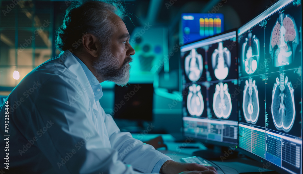 Doctor Analyzing Brain Scan Images on Monitors. A focused doctor ...