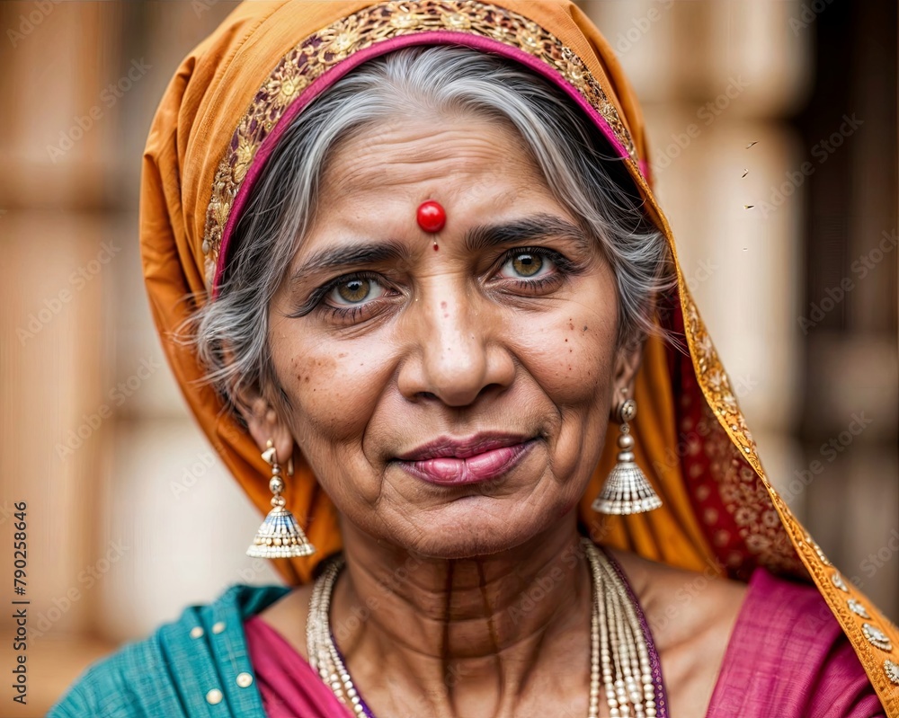 An elderly honored woman of India. Holi color festival. Grandmother ...
