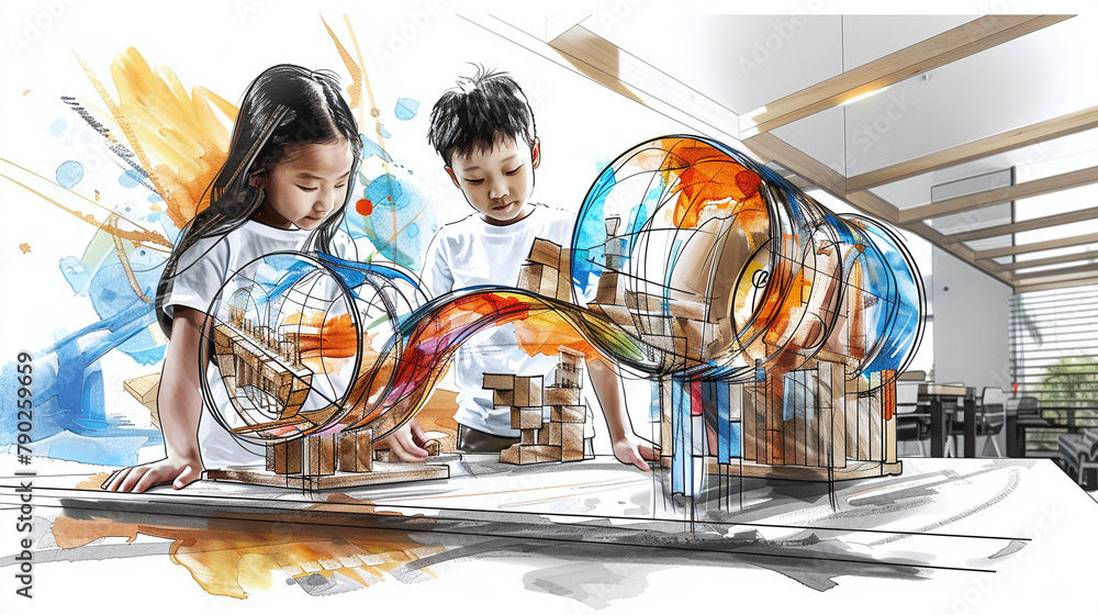 mixed illustration of asian kids playing with tiny city, building ...