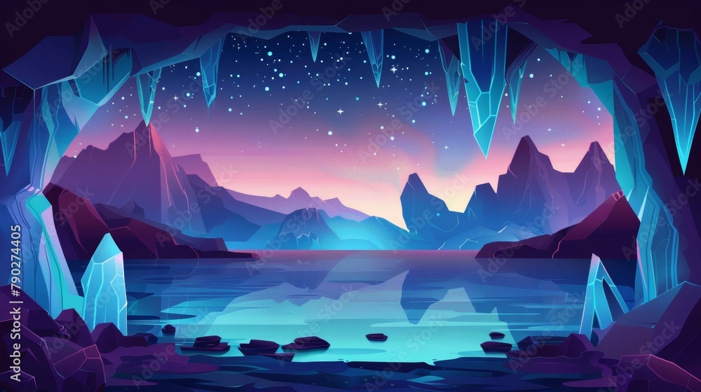 Watery rocky cave with stalactites and crystals, with mountains and ...