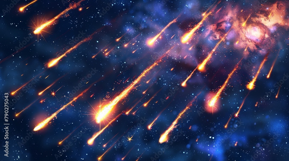 Meteor rain in the cosmos with star dust effect, comets shooting in the ...