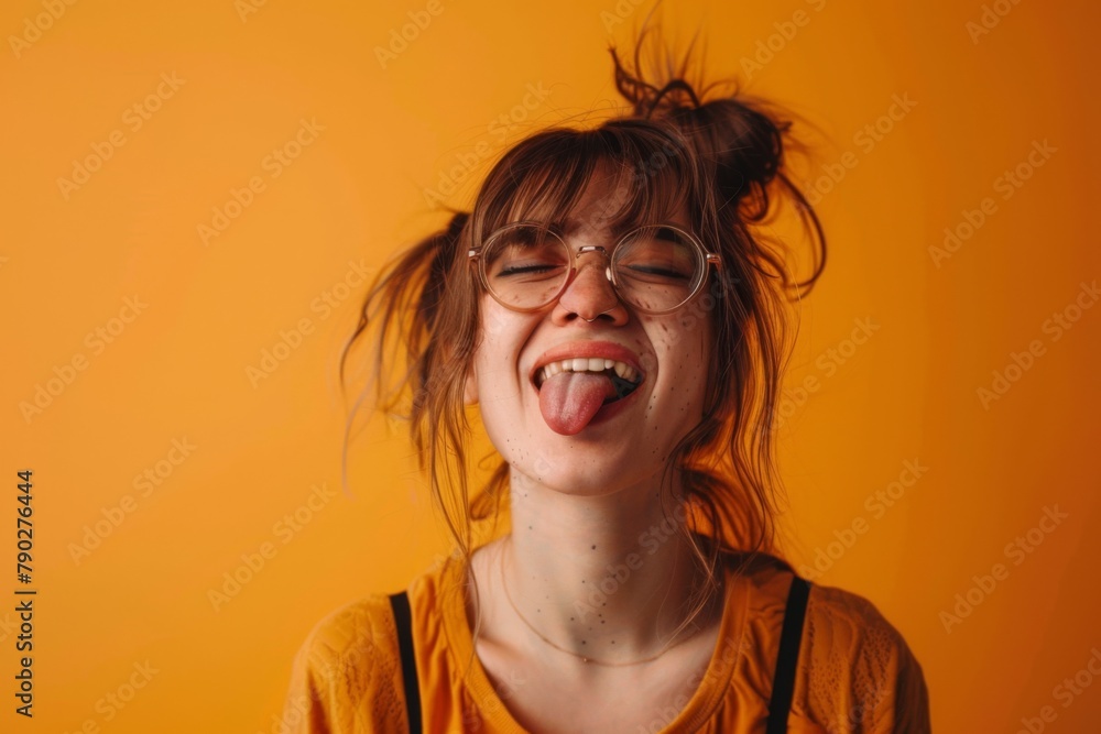 Young Female Nerd Sticking Out Her Tongue Her Glasses Slightly Askew Set Against A Lively