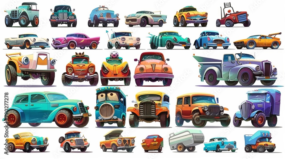 Set of cartoon cars, modern automobiles, buses, monster trucks, lorries ...