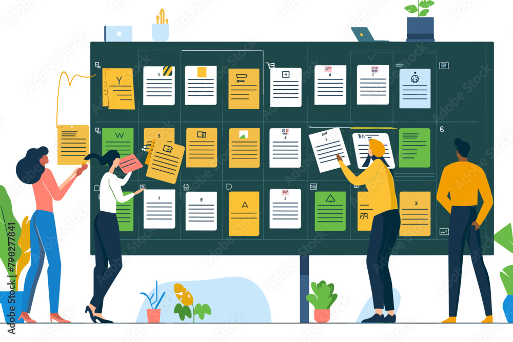 Team members moving cards on large kanban board for agile project ...