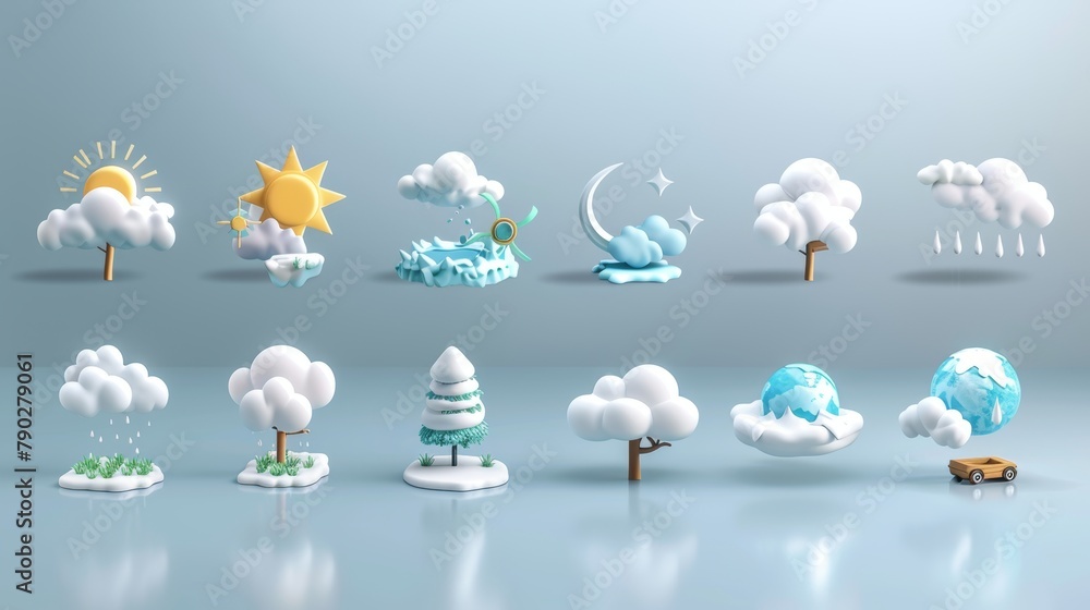 Icons for the weather in 3D, including sun, clouds, fog, lightnings ...
