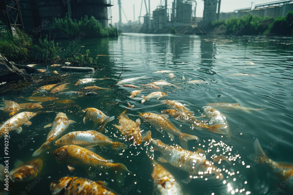 A scene of a massive fish die-off near a chemical plant, with dead fish ...