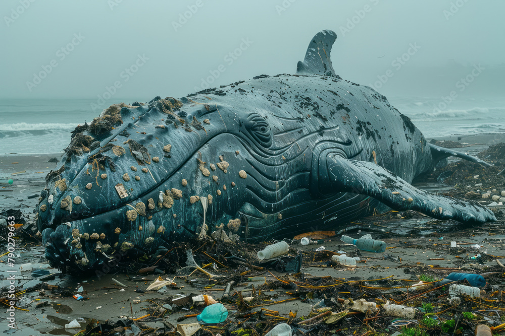 A scene of a whale washed ashore, its stomach full of plastic waste ...