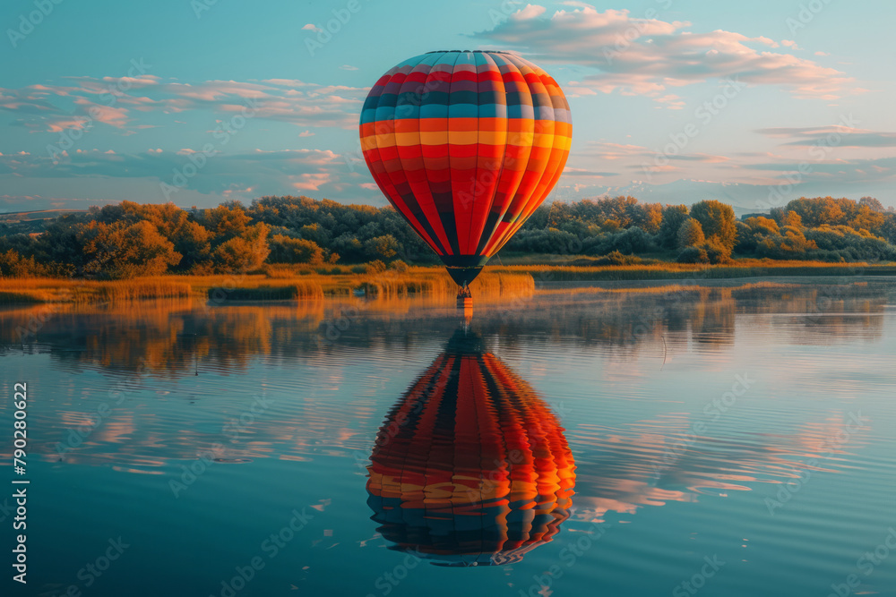 An image capturing the reflection of a hot air balloon in a lake as it ...