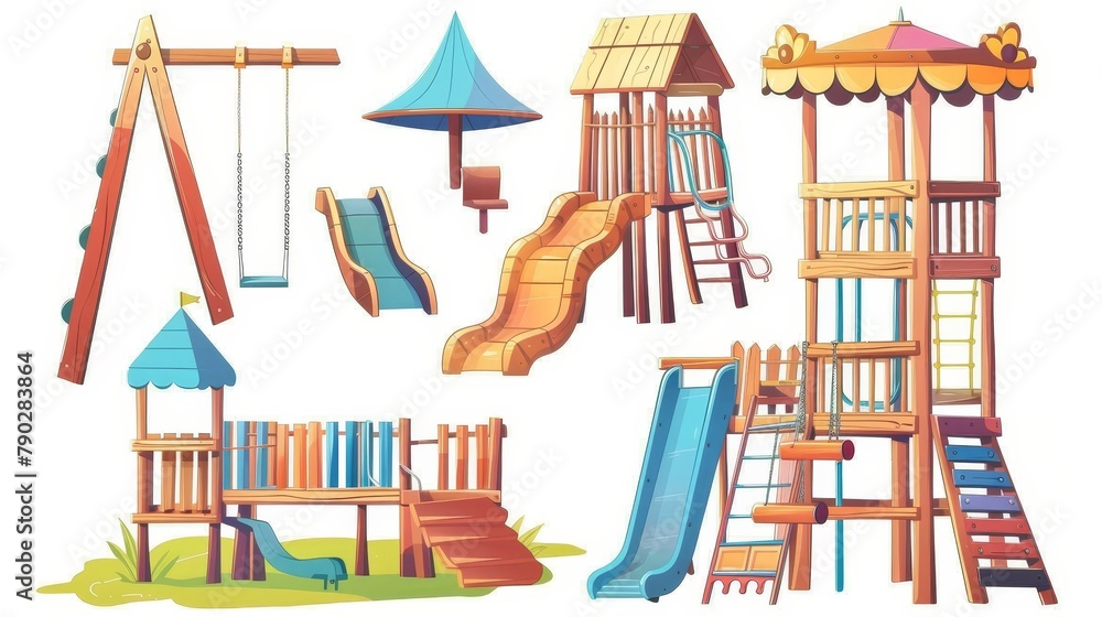 This cartoon playground equipment set is isolated on a white background ...