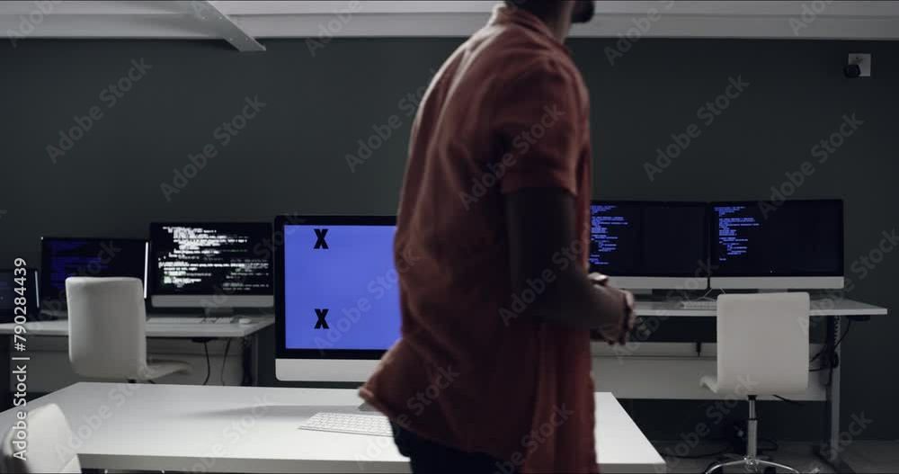 Coding, virtual computer screen and man programming, server, online code or software for ...