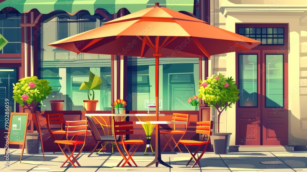 Cartoon modern illustration of an outdoor cafe terrace in summer ...