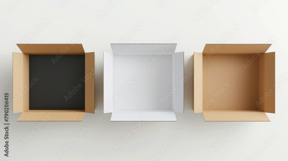 An open cardboard box in brown, white and black colors for the storage ...