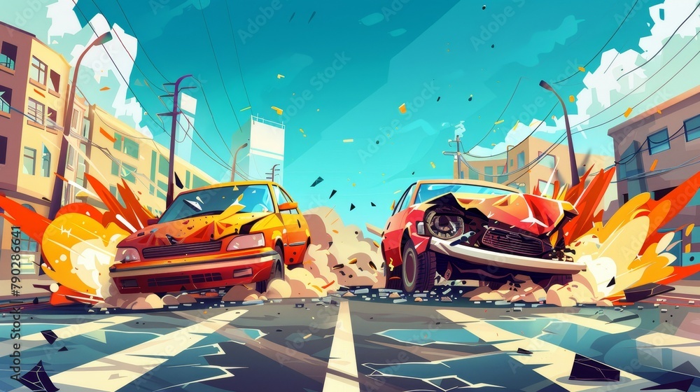 A head-on collision between two cars on a city street with a view of ...