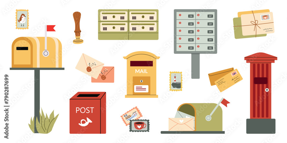 Mailboxes cute set. Different mailboxes, mail envelope. Postal mailing ...