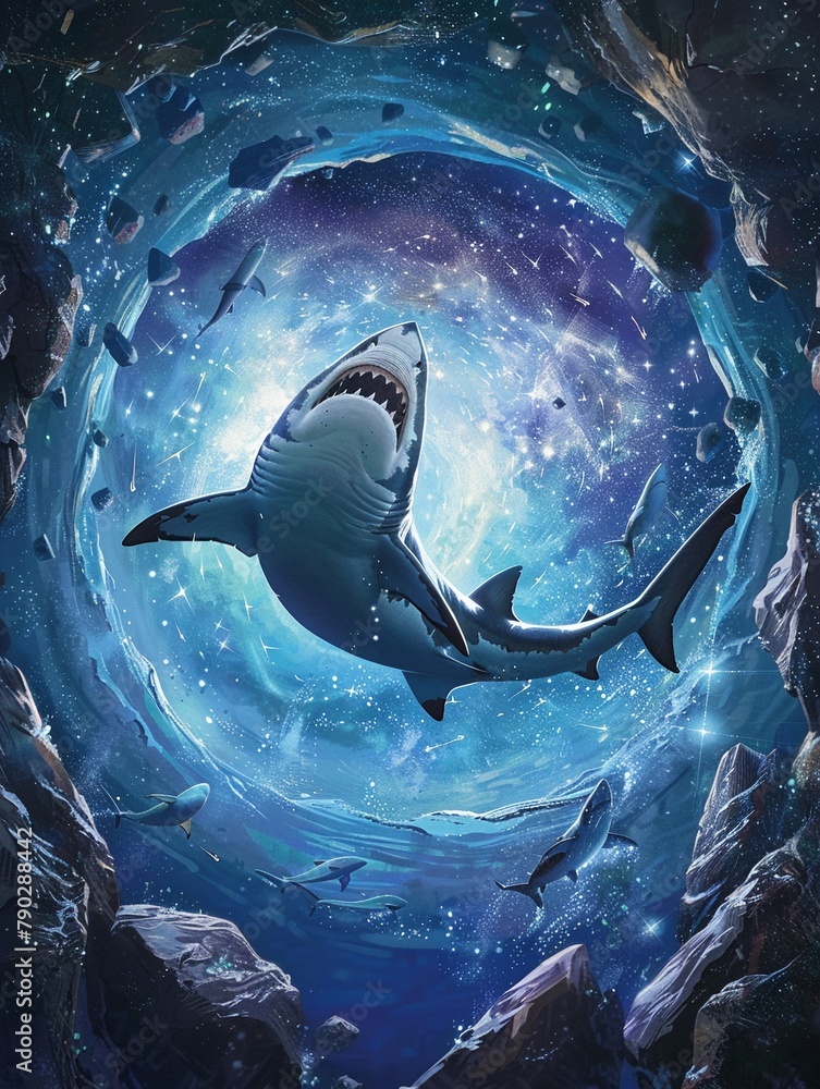 Portal Leap Fantasy Illustration of a Shark Jumping into Starry Space ...