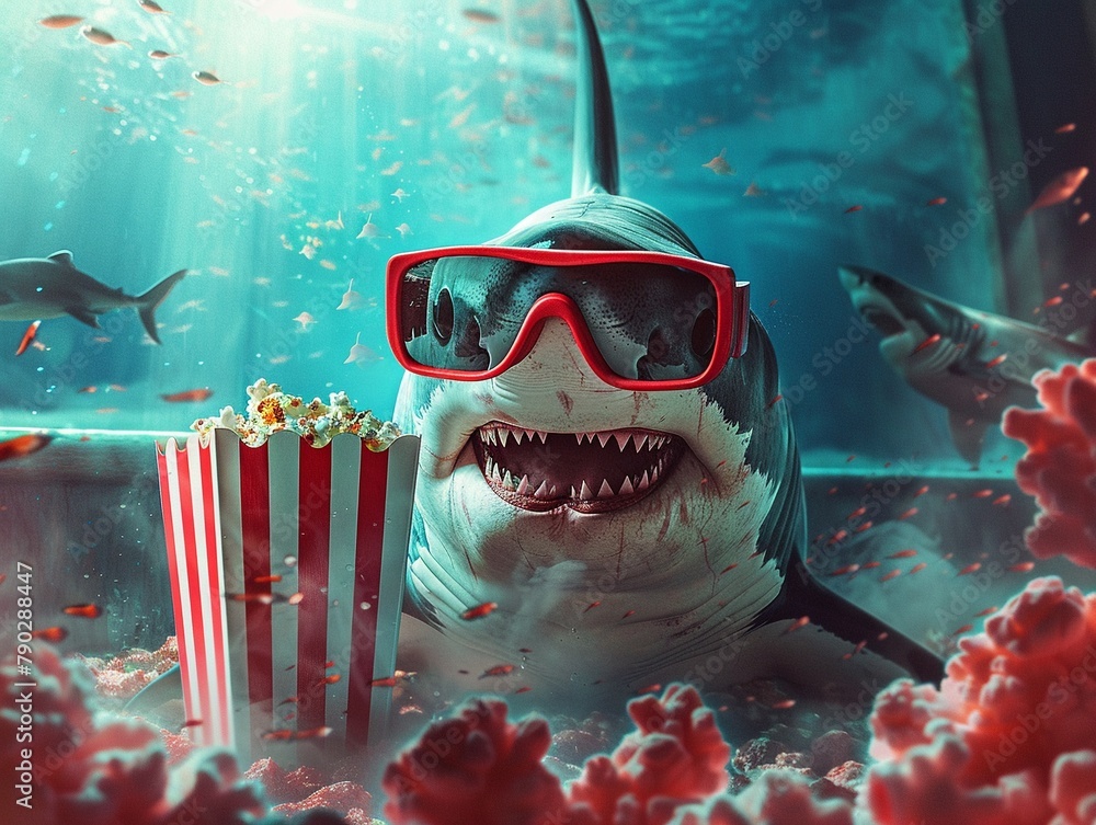 Shark Movie Night Comedic Scene of a Shark Watching a Movie on Sunken ...