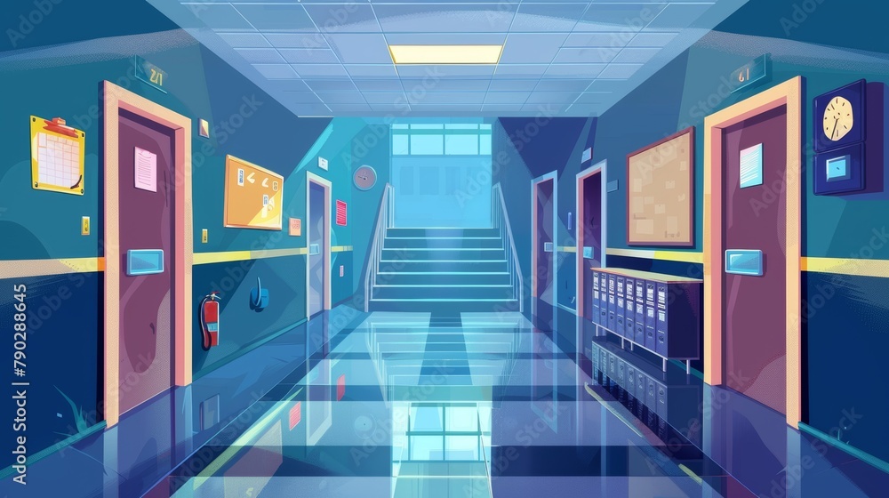 Nighttime in a school hallway. Cartoon modern dark corridor interior ...