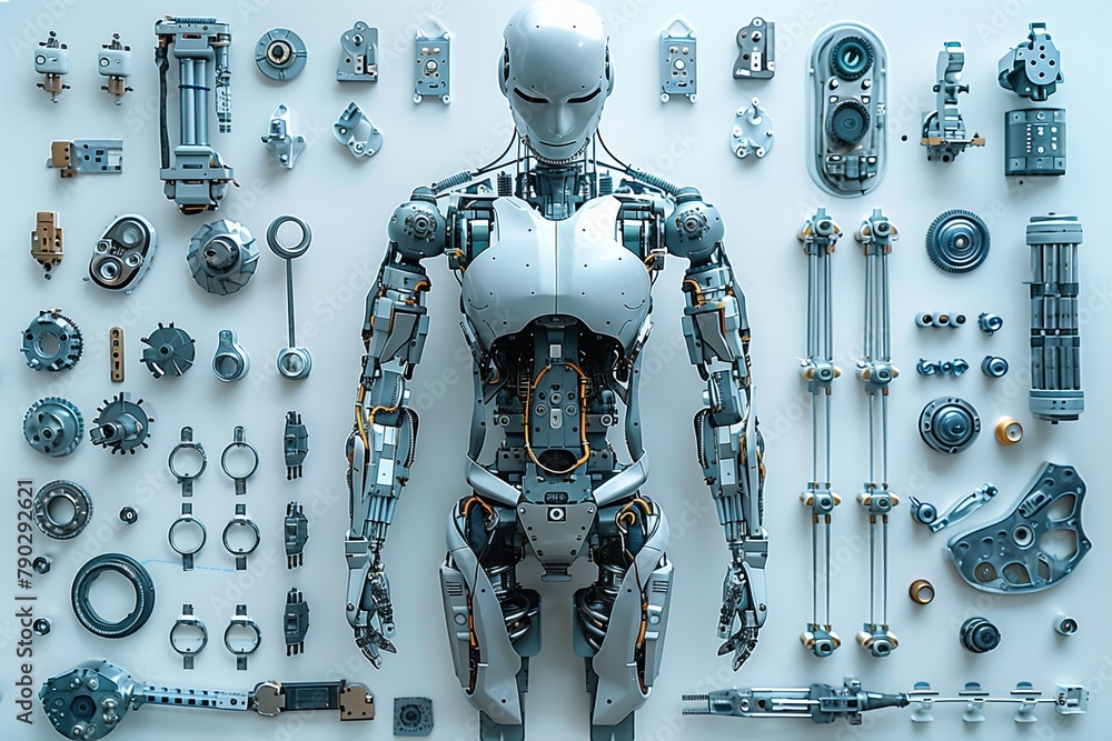 One robot surrounded by disassembled robot parts and details. Layout ...
