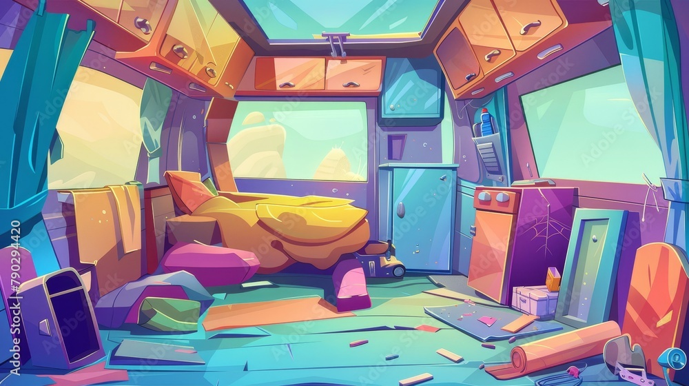 The interior of an abandoned camping van is filthy and dirty with ...