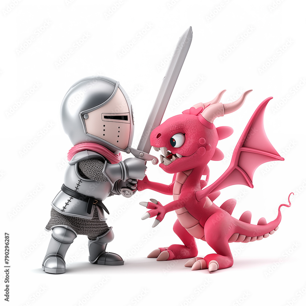 Knight in shiny metal armour fighting a cute little pink dragon ...