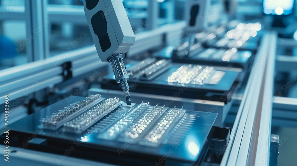 A close-up of silicon wafers moving along a precision conveyor line ...
