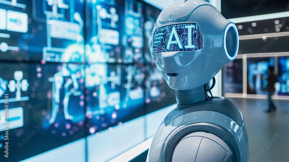 Standing in a tech showroom, a developer presents a humanoid robot ...