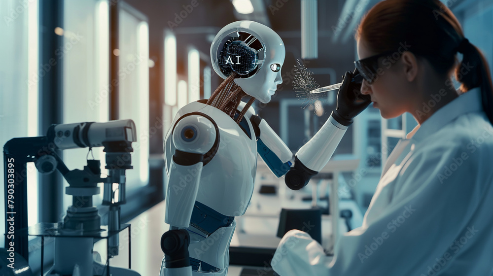 Amidst a modern research facility, a technician fine-tunes the features ...