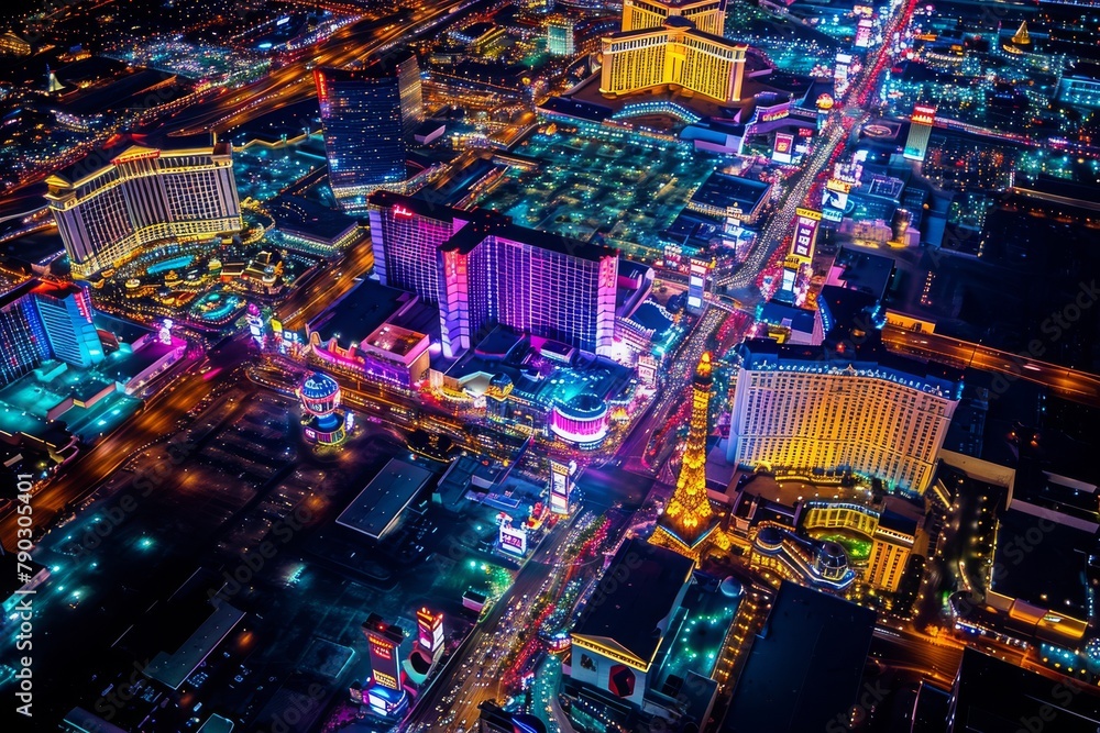 This photo captures the illuminated Las Vegas Strip from above ...