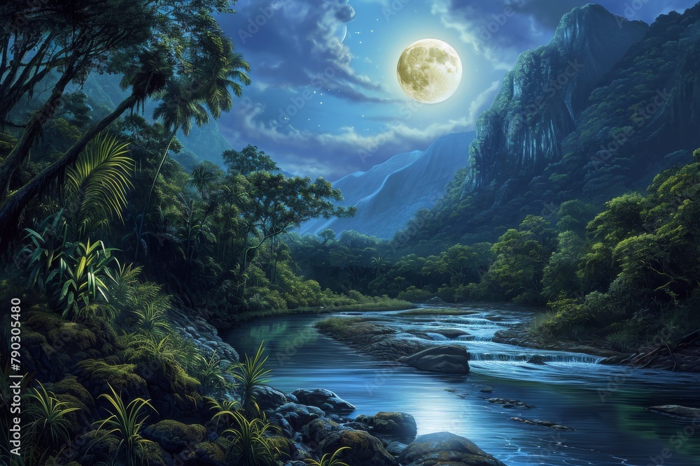 This photo showcases a painting featuring a river and a full moon, with ...