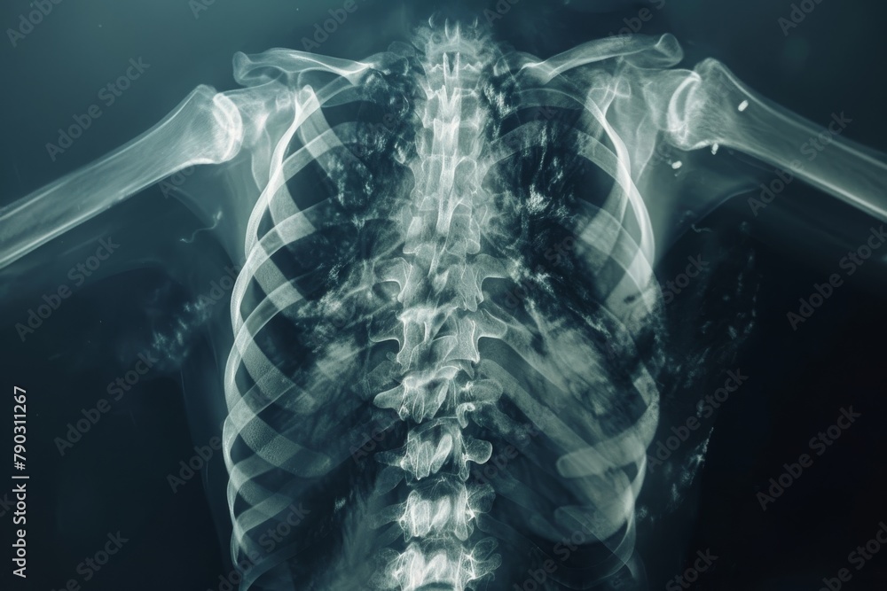 This x-ray image shows a detailed view of a persons back, revealing the ...