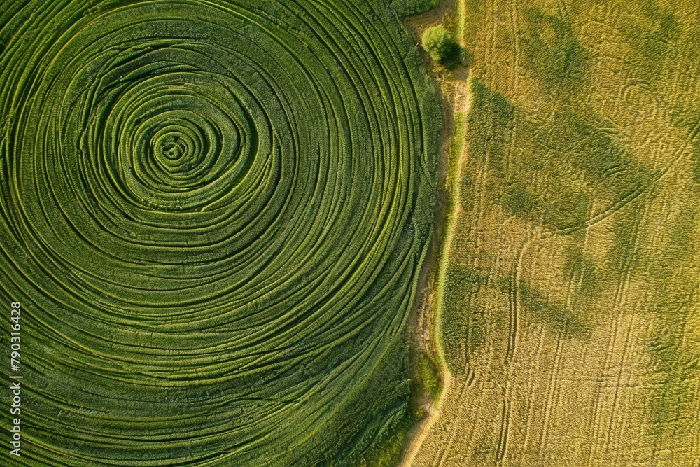 An overhead perspective capturing a green field showcasing a distinct ...