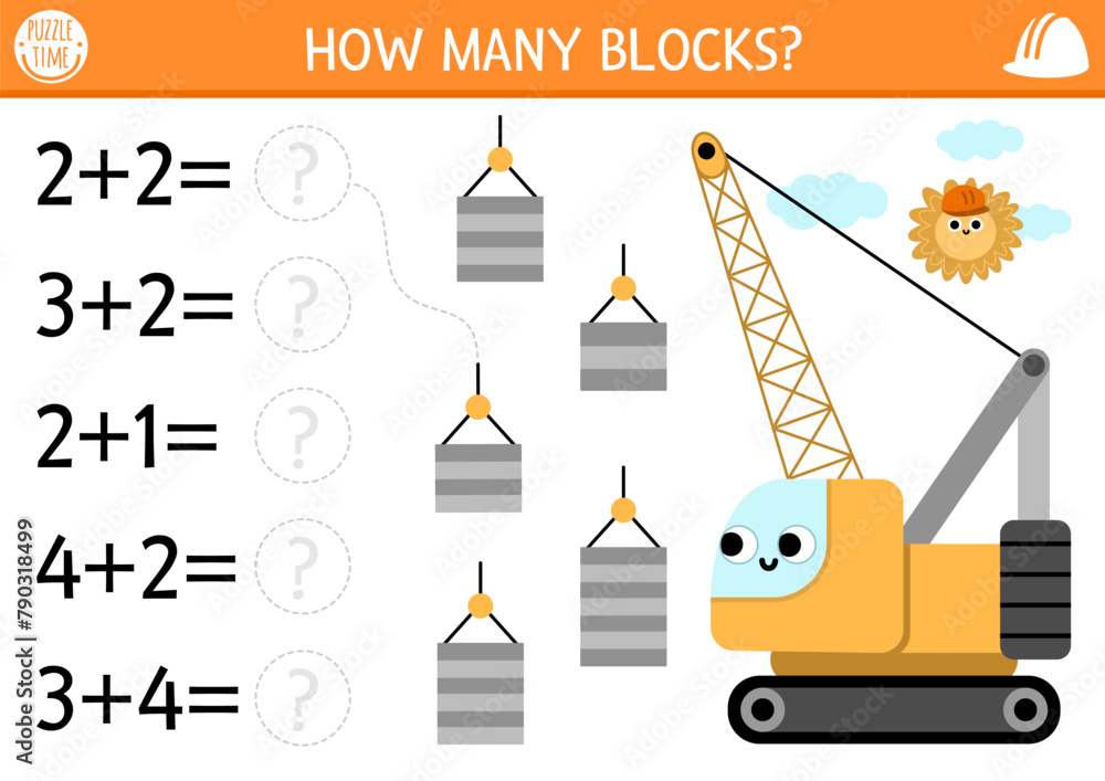 How many blocks game with cute crawler crane. Construction site math ...