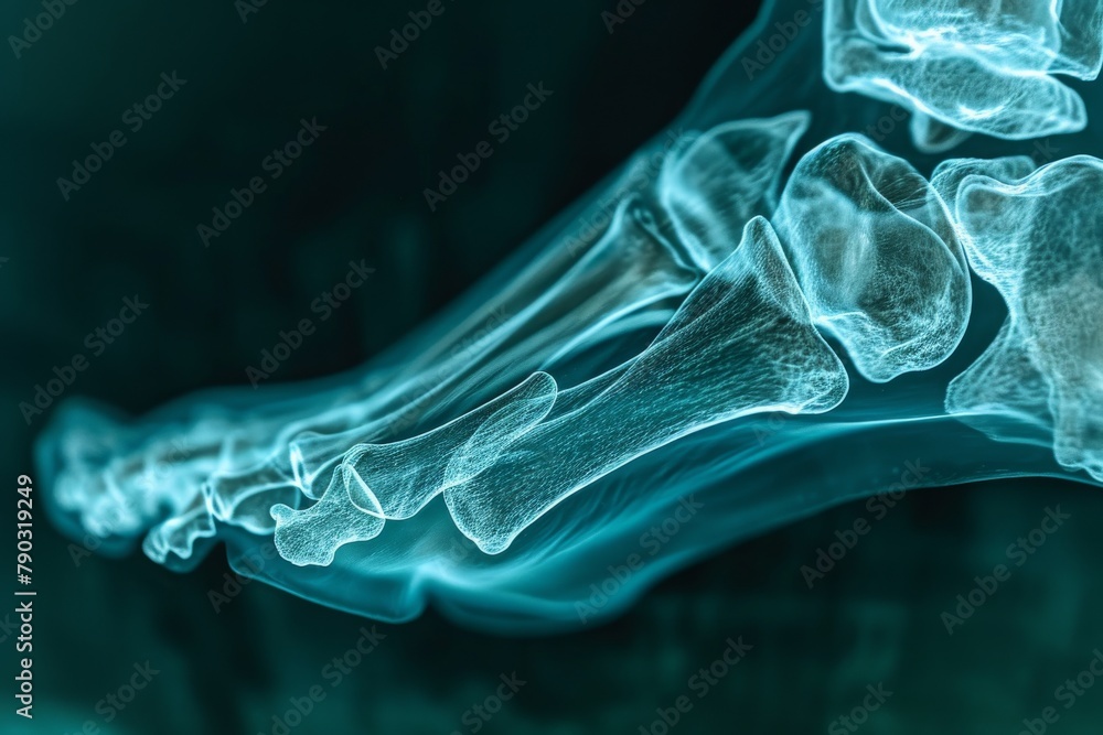 This x-ray image showcases the detailed structure of a foot, including ...