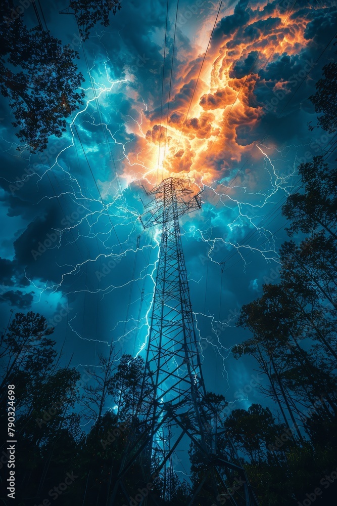 Electric discharge from a lightning rod glows intensely against stormy ...