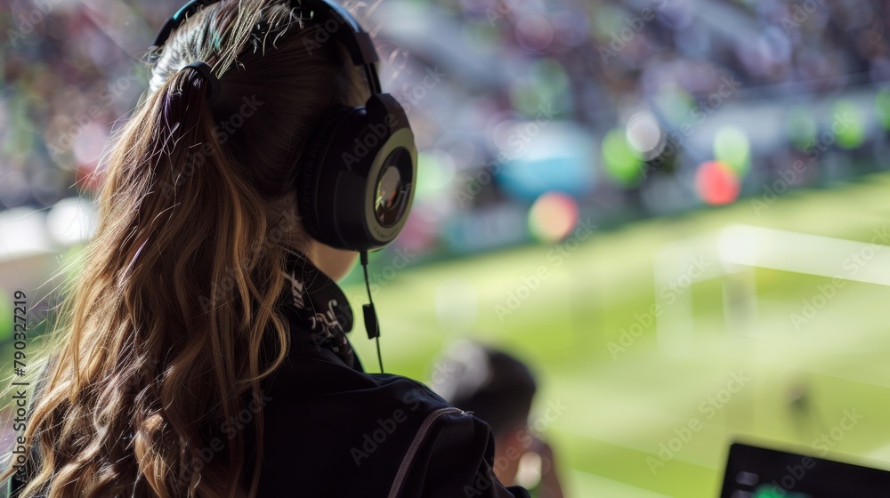 Female sports commentator at a soccer match. She is equipped with ...