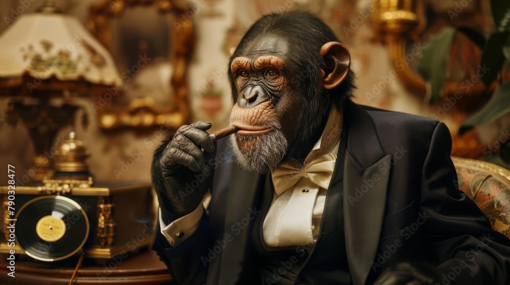 Cinematic photography of a rich well dressed monkey smoking a cigar ...