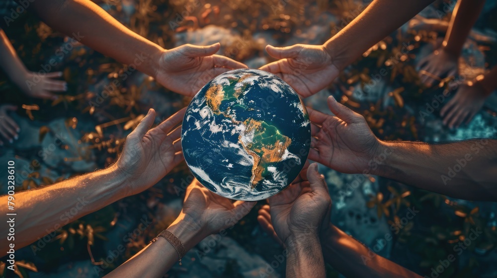 A creative visual of the Earth as a glowing orb in a network of hands ...