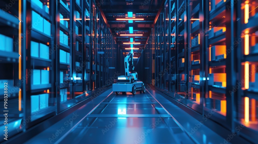 A robot picker retrieving items from a high-density storage system, with AI algorithms ...