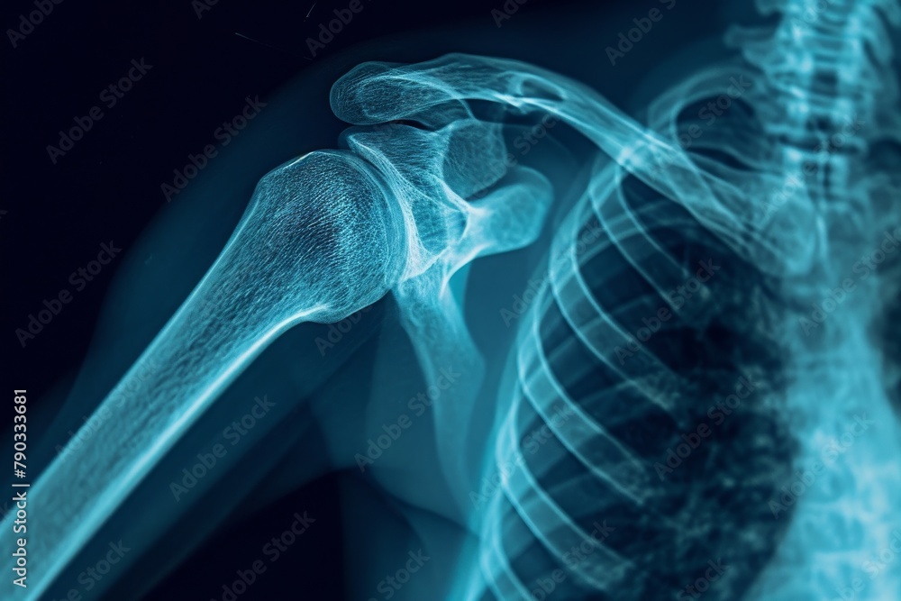 An x-ray image showing the blue hues of a shoulder, revealing its ...